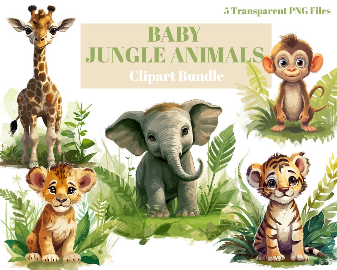 Baby Jungle Animals Clipart PNG Bundle, Nursery Art, Tiger, Lion ...