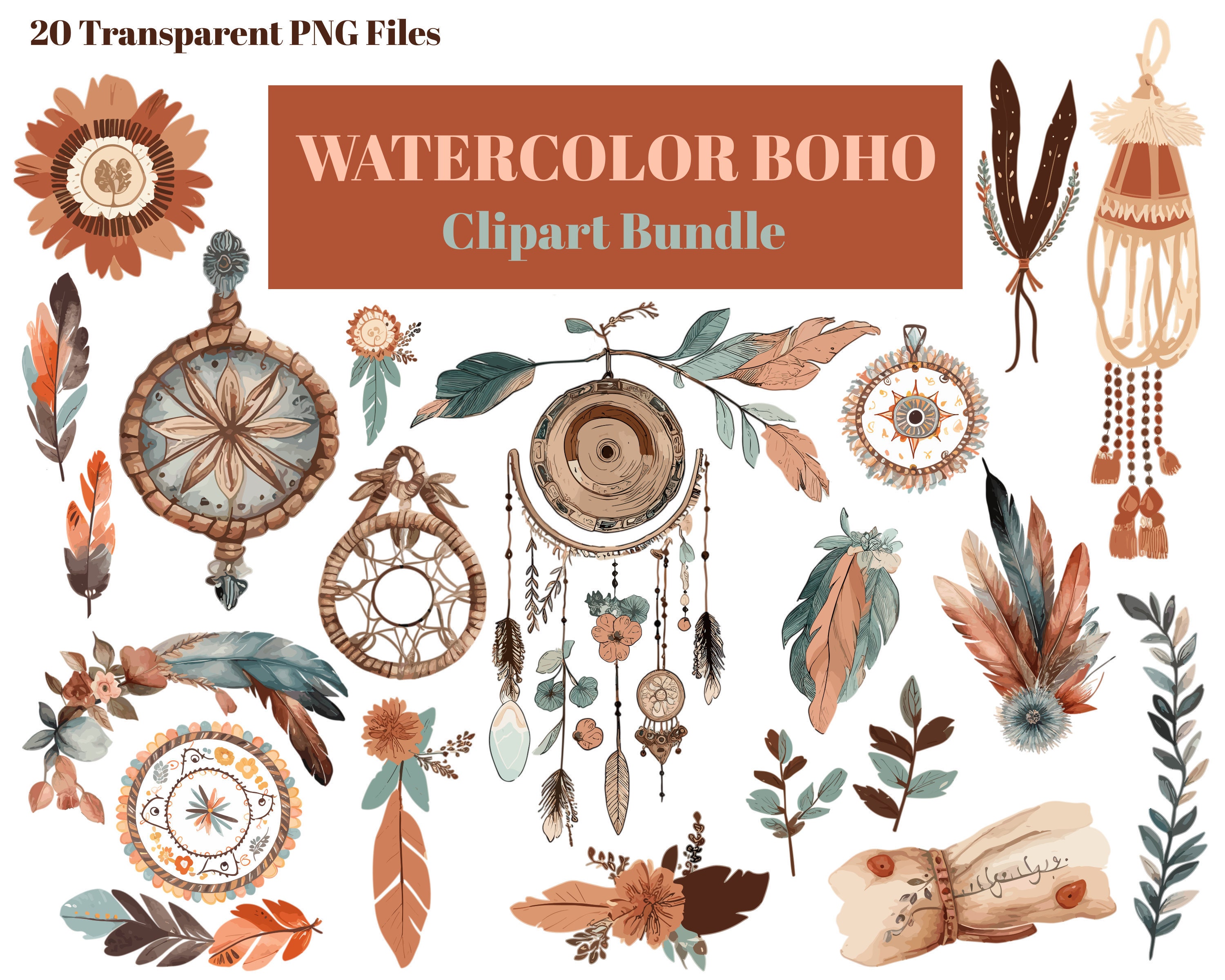Watercolor Western BOHO Clipart Bundle 20 Transparent PNG - Etsy