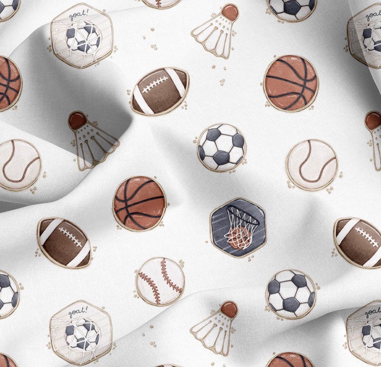 Sports Cotton Fabric by the Yard, Soccer Basketball Baseball Digital ...