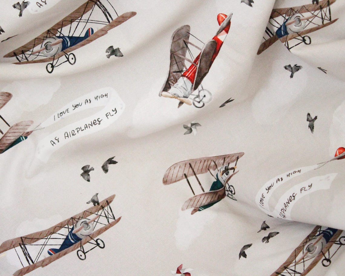 Beige Vintage Airplane Cotton Fabric, Aviation Nursery Fabric, Quilting ...