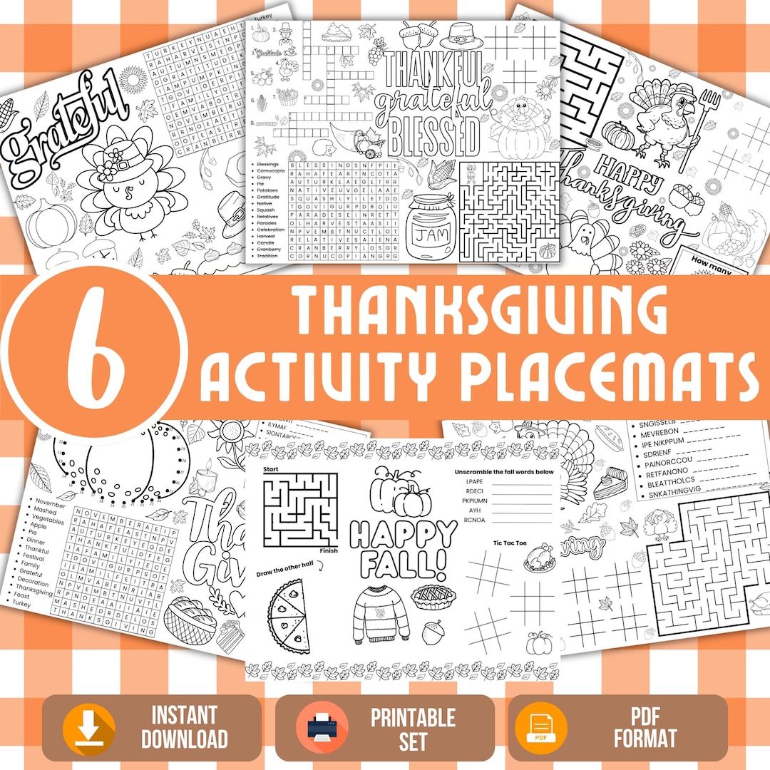 Thanksgiving Activity Placemats for Kids – 6 Printable Games & Coloring ...