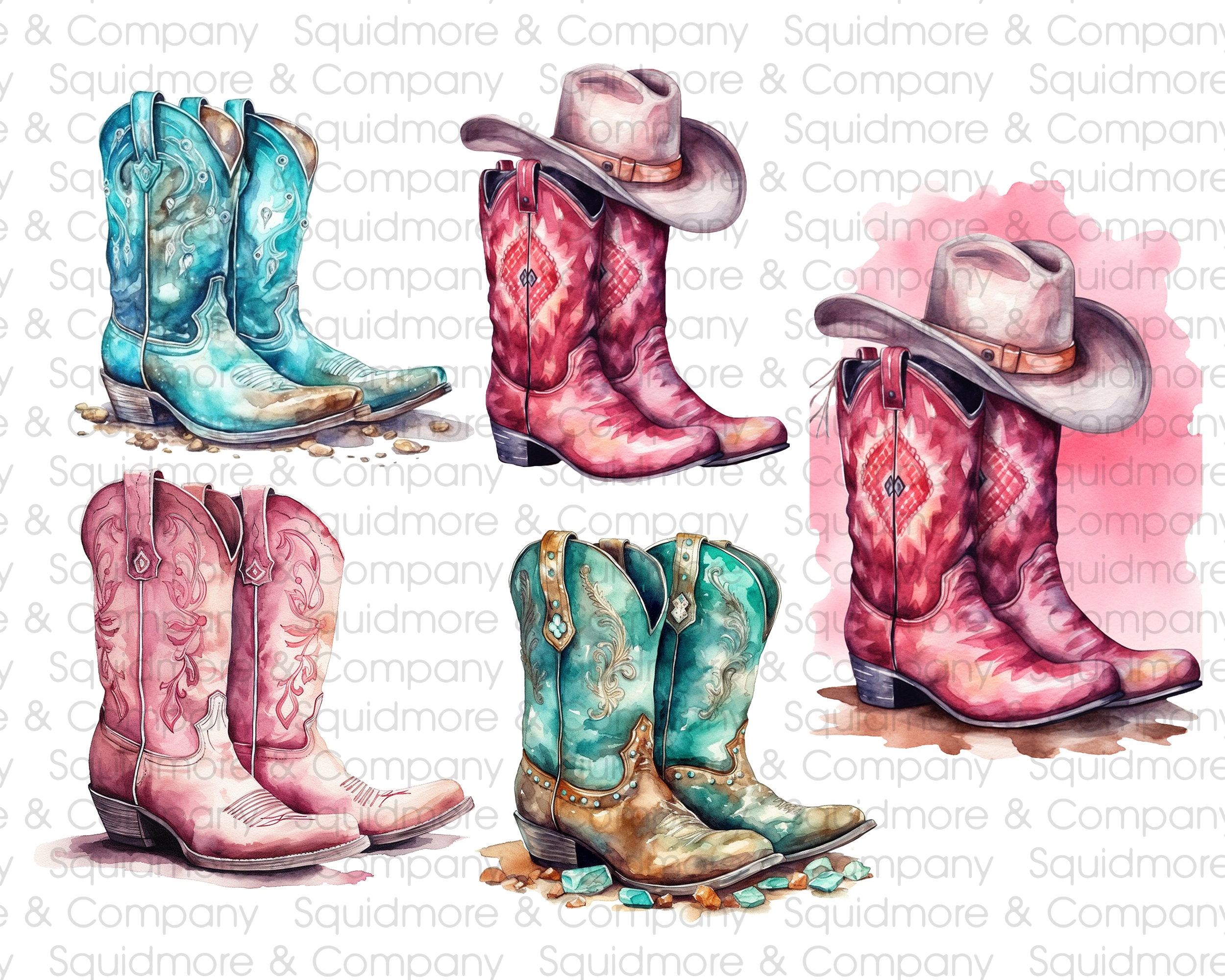 Watercolor Cowgirl Clipart: Pink Cowboy Hat & Turquoise Boots Boho ...
