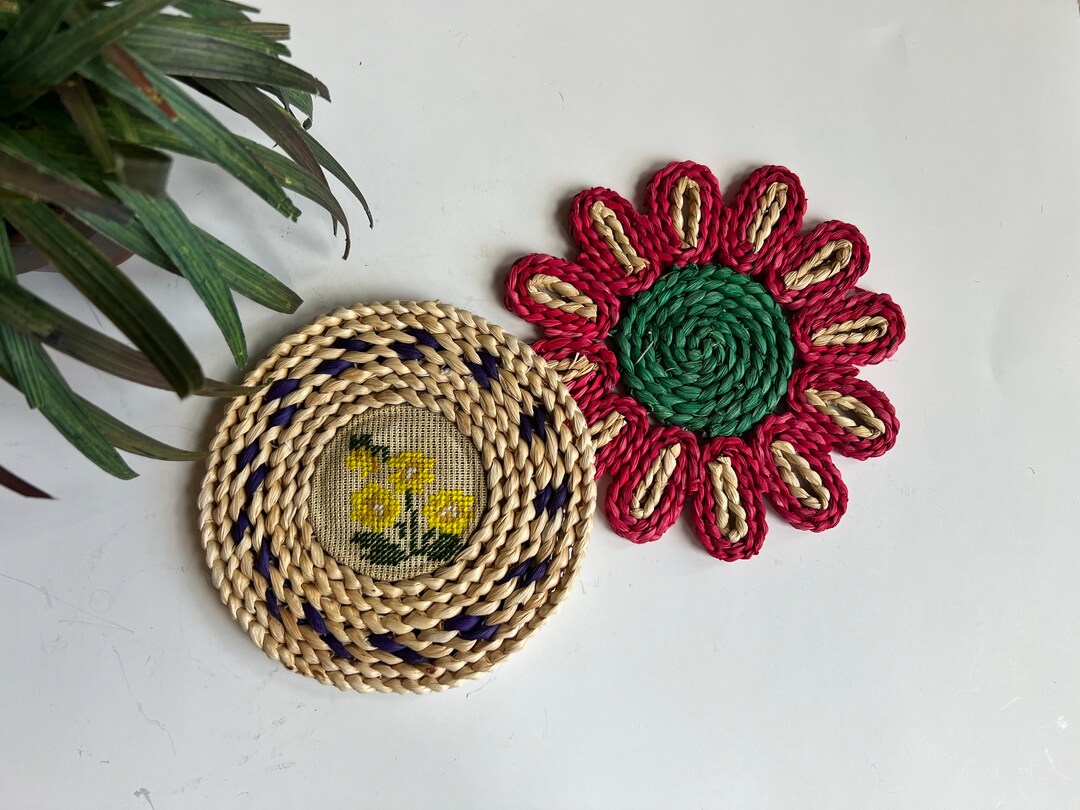 Rattan Trivet or Wall Decor Set of 2 Natural Woven Boho Kitsch Hot Pad ...