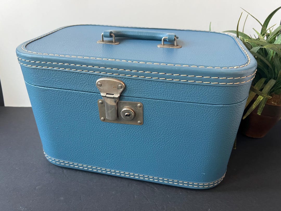 Vintage Blue Train Case Luggage Leather Hard Case Retro Storage Travel ...