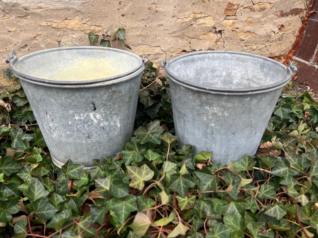 PAIR Galvanized Farm Bucket - Vintage HEAVY Metal Garden Farmhouse ...