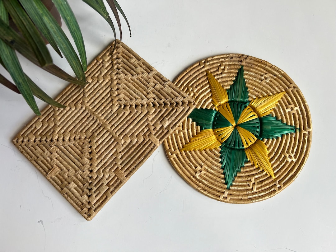 Rattan Trivet or Wall Decor Set of 2 Natural Woven Boho Kitsch Hot Pad ...