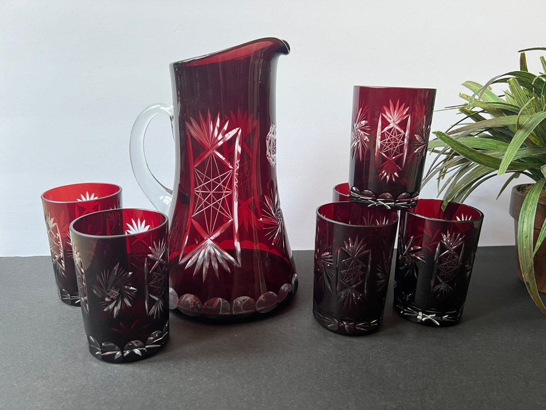 Romanian Bohemian Red Pitcher and Glasses Set Ruby Red Cut to Clear ...