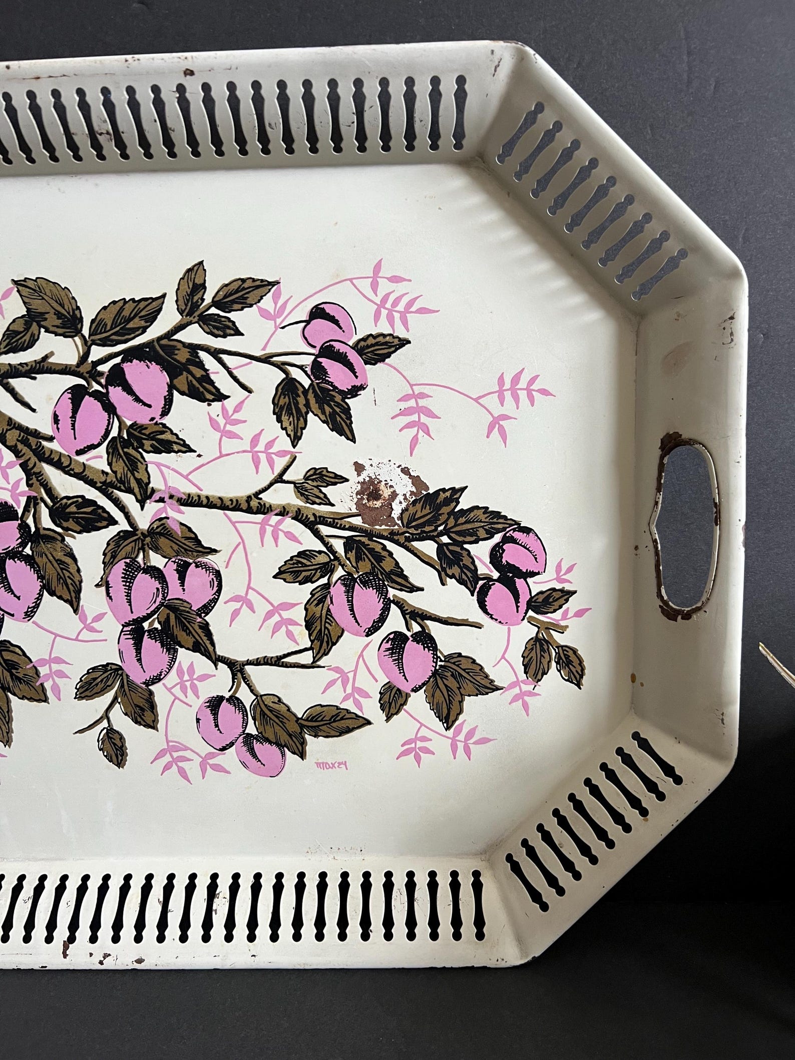 Tole Serving Vanity Tray Cream With Fruit Branch Vintage Retro Toile ...