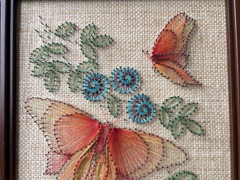 Butterfly String Art Vintage Handmade Wall Art COMPLETED Framed Floral ...