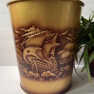 Pirate Ship Trash Can Gold Metal Waste Paper Basket Brass Look Vintage ...