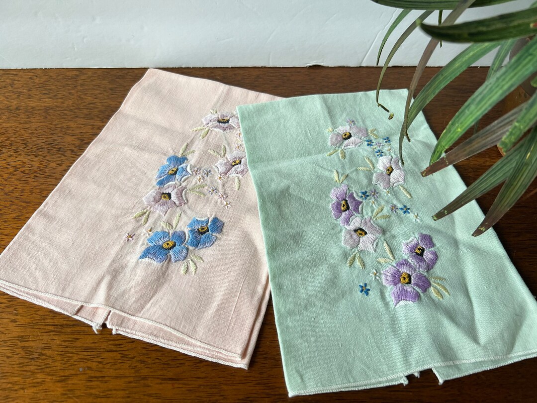 Linen Embroidered Hand Tea Towels - Pansy Flowers Handmade Tea Towels ...
