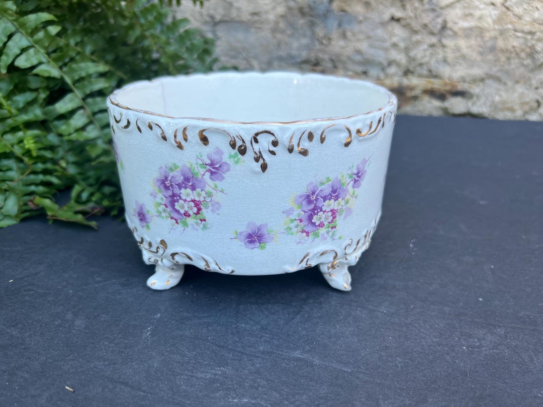 Purple Pansy Footed Planter Bowl Porcelain Trinket Decorative Planter ...