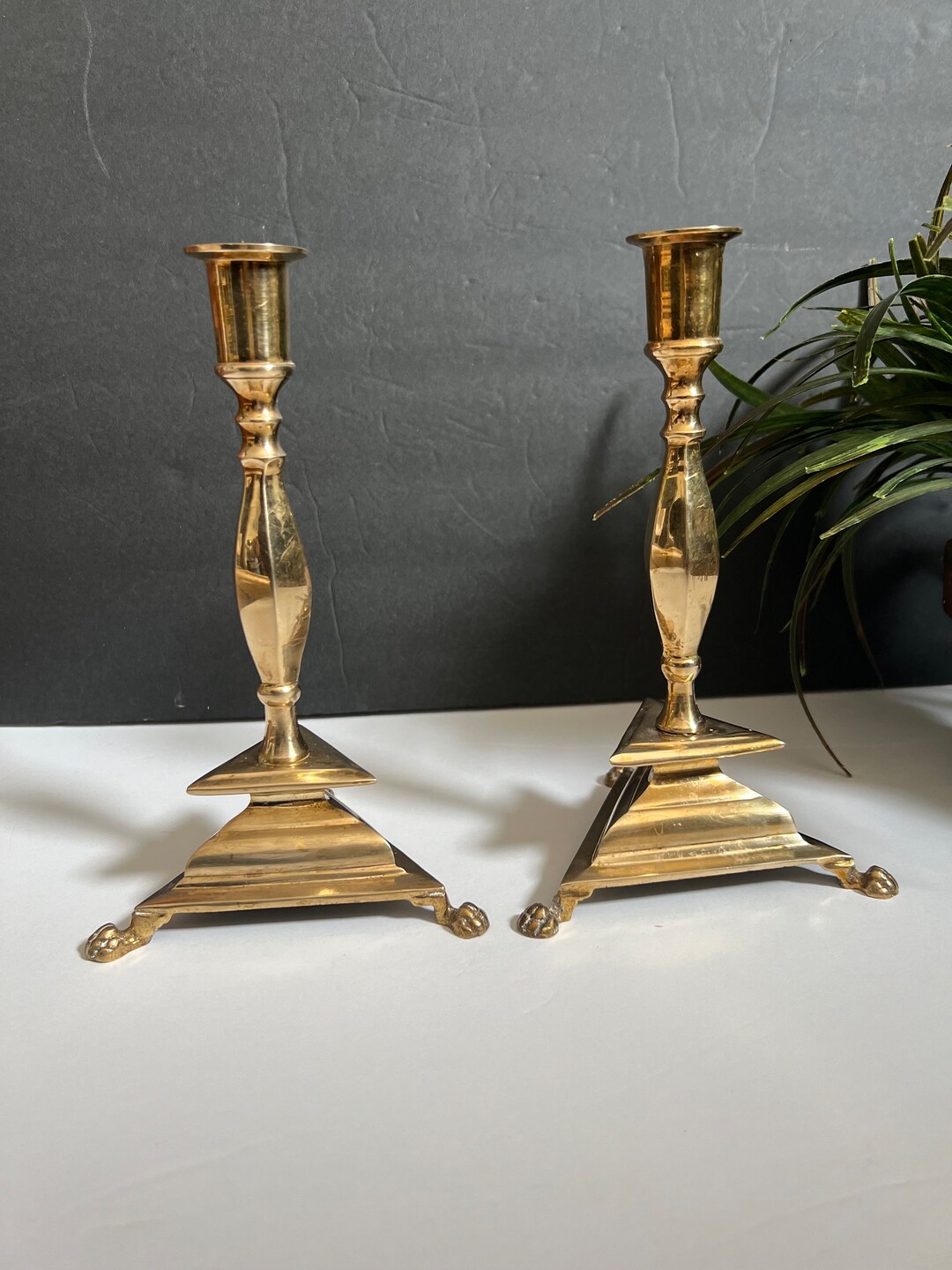 Brass Candlestick Holders Pair Triangle Base Vintage Taper Candle ...