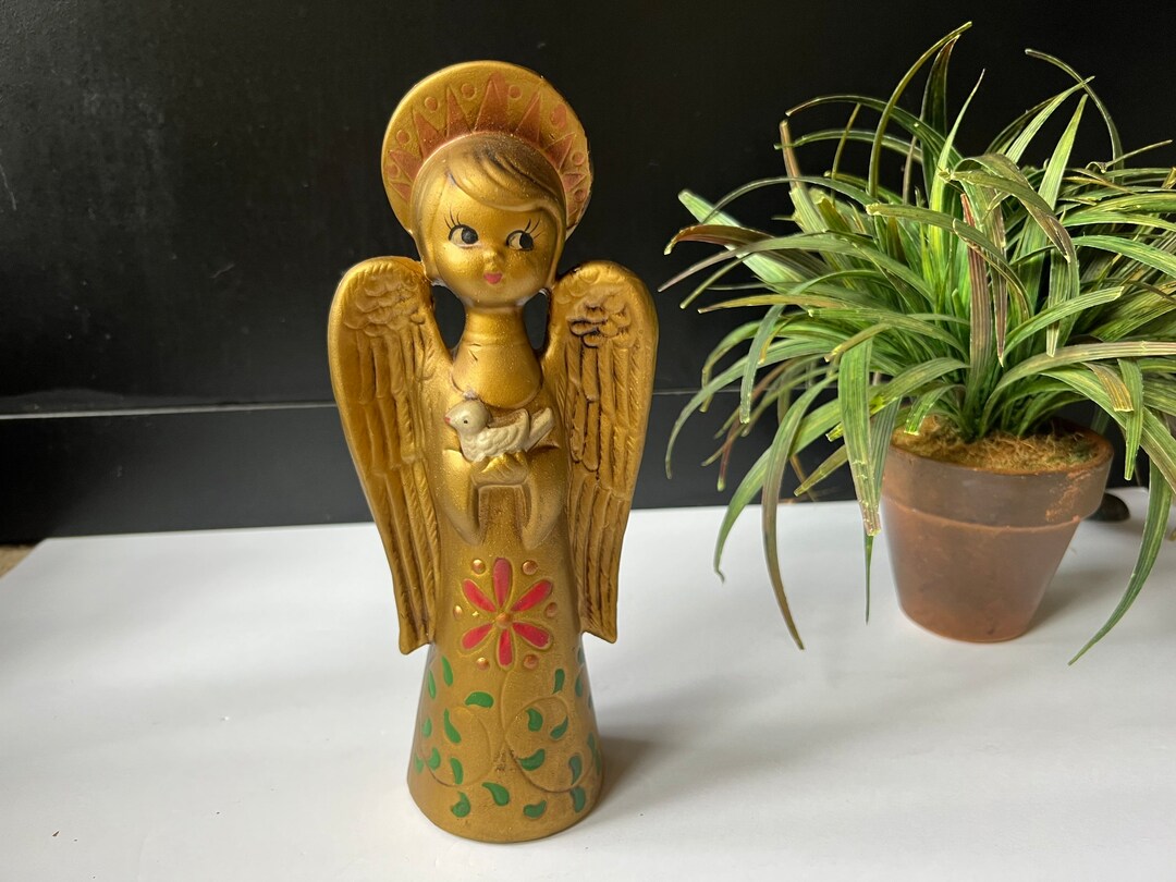 Gold Angel Figurine Hand Painted Vintage Ceramic Cherub Angel Retro ...