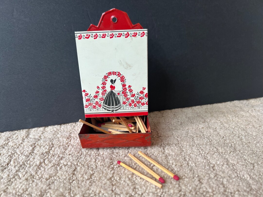 Vintage Match Safe Matchstick Holder Lady Tose Garden Farmhouse Kitchen ...