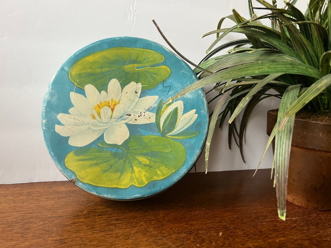 Vintage Tin Blue With Lilly Pad Round Storage Button Sewing Tin ...