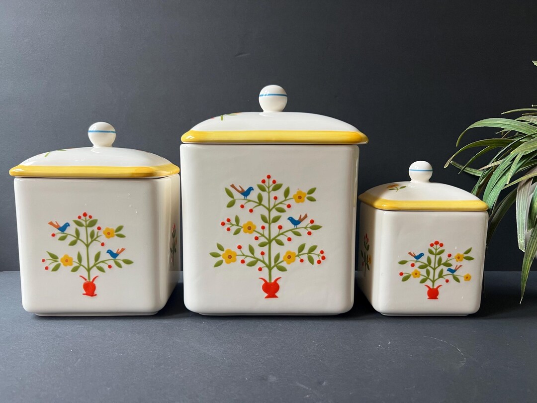 Bird Floral Ceramic Canisters Set of 3 Vintage Kitchen Storage Jars ...