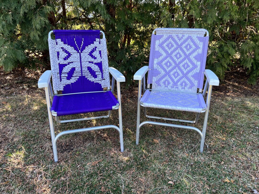 Vintage Macrame Folding Chairs PAIR Hand Woven Purple Camp Chairs ...