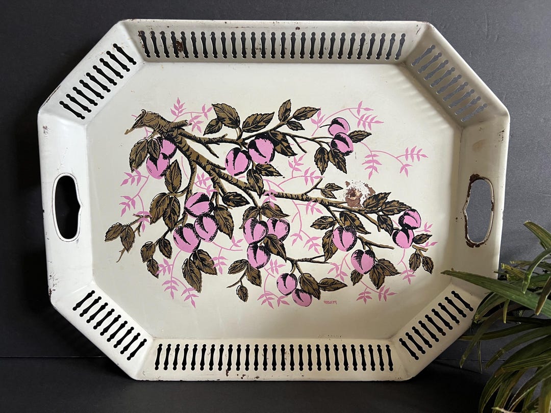 Tole Serving Vanity Tray Cream With Fruit Branch Vintage Retro Toile ...