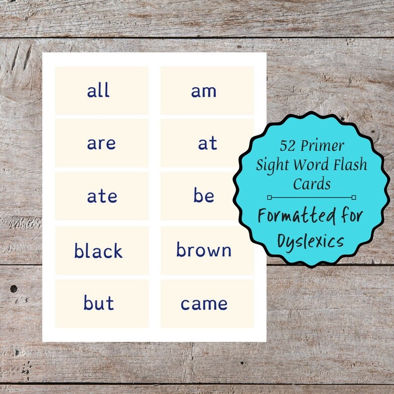 52 Printable Pre-Primer Sight Word Dyslexia Flash Cards | Etsy