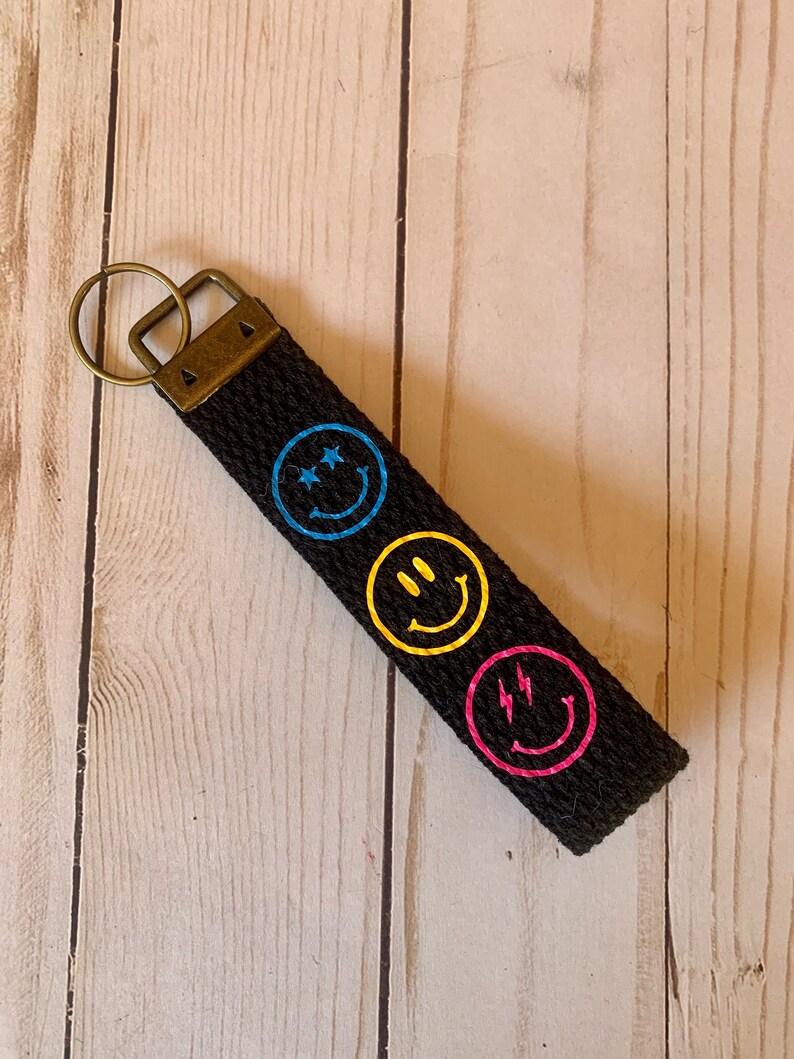 Smiley Face Keychain Wristlet on Black Material / Key Fob/ Smiley Face ...