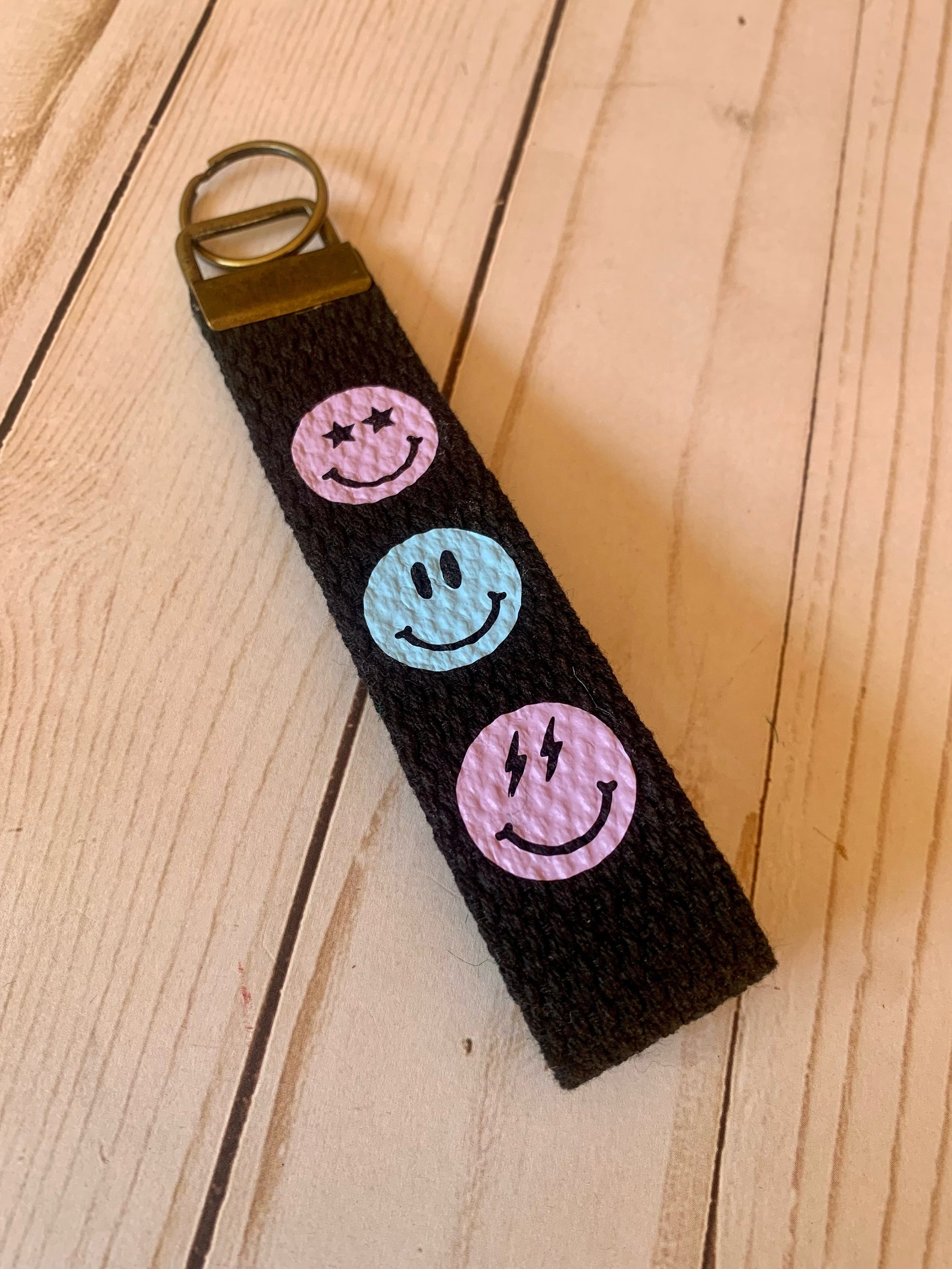Smiley Face Keychain Wristlet on Black Material / Key Fob/ Smiley Face ...