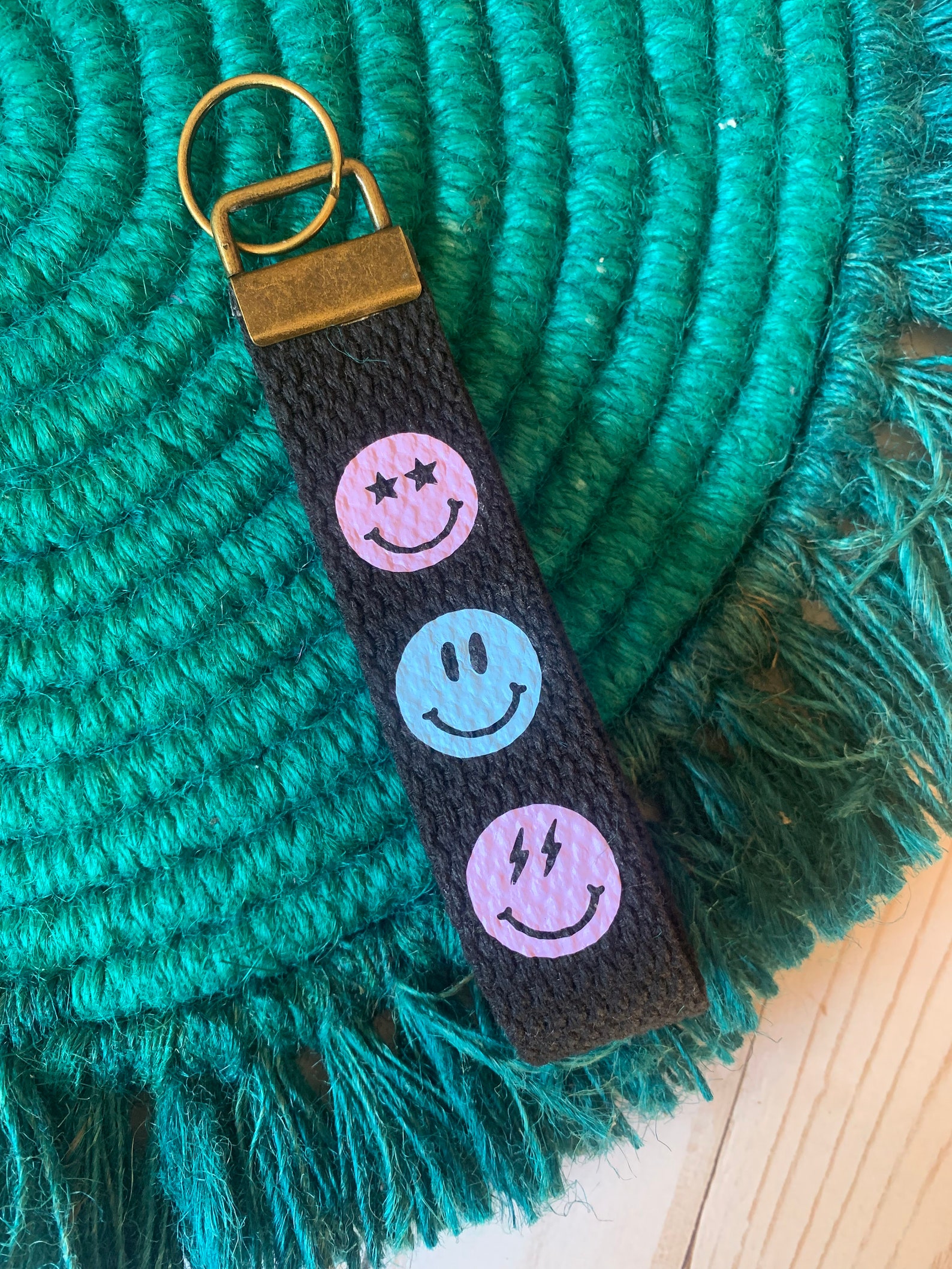 Smiley Face Keychain Wristlet on Black Material / Key Fob/ Smiley Face ...