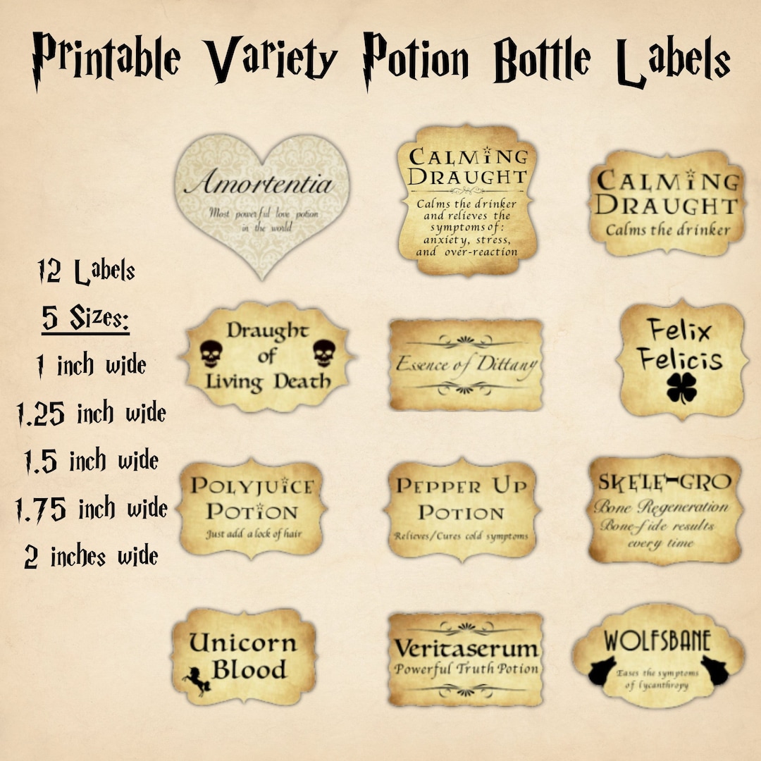 5 Different Sized Potion Labels, Potion Labels Digital, Potion Labels ...