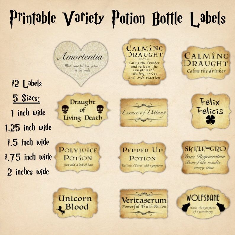 5 Different Sized Potion Labels, Potion Labels Digital, Potion Labels ...