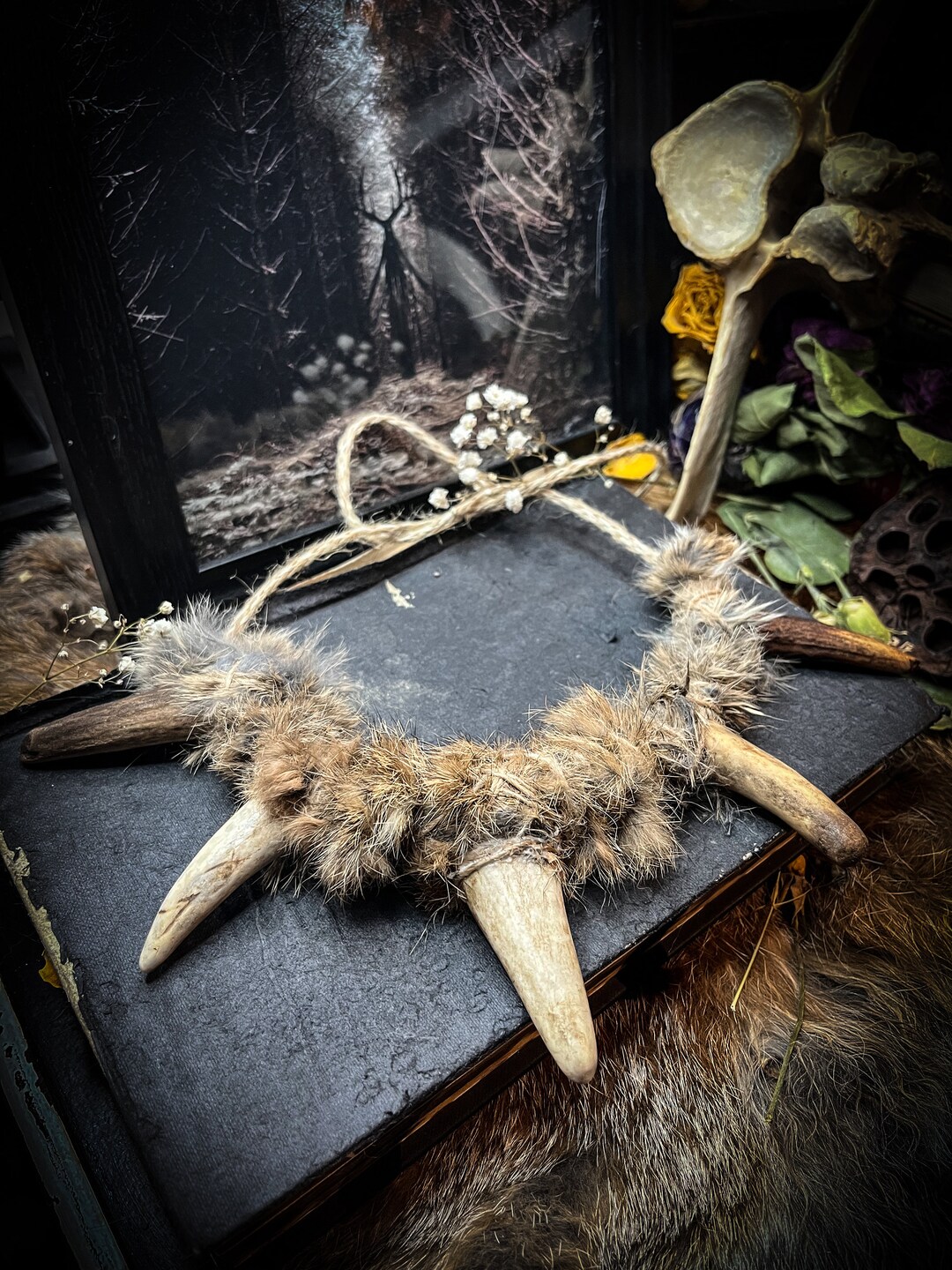 Flidais Deer Antler Tines Tips and Real Rabbit Fur Necklace Celtic ...