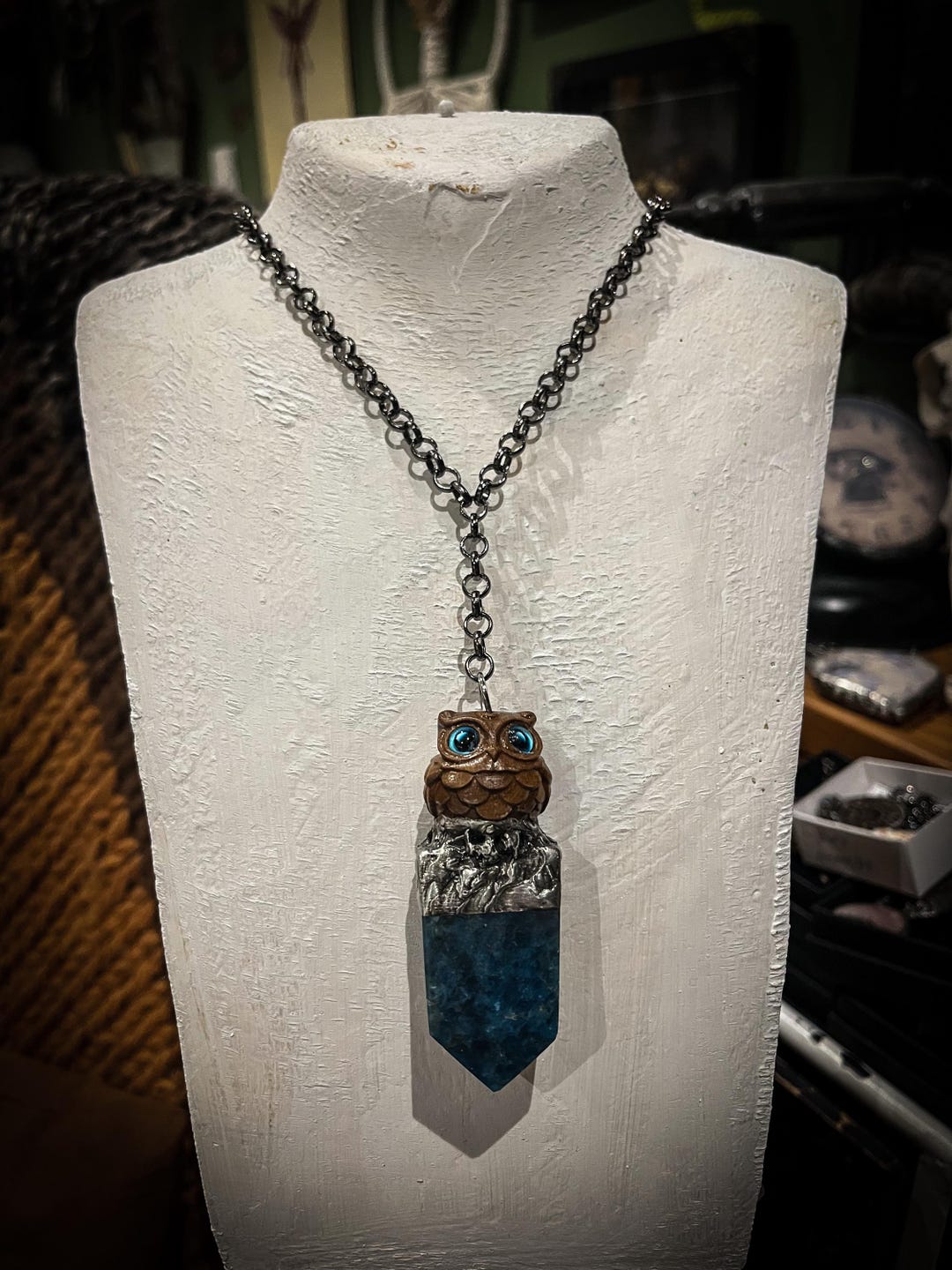 Soldered High Quality Apatite Crystal Tower and Wooden Craved Owl ...