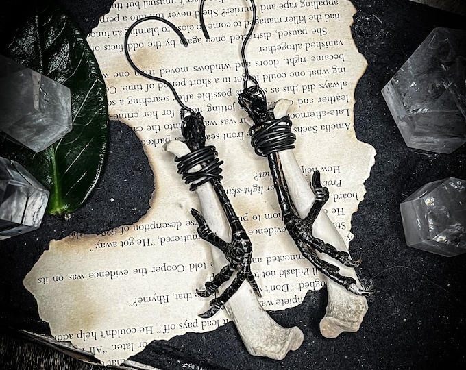 Witchy Fox Bone and Taxidermy Raven Claw Earrings Ear Hangers Weights ...