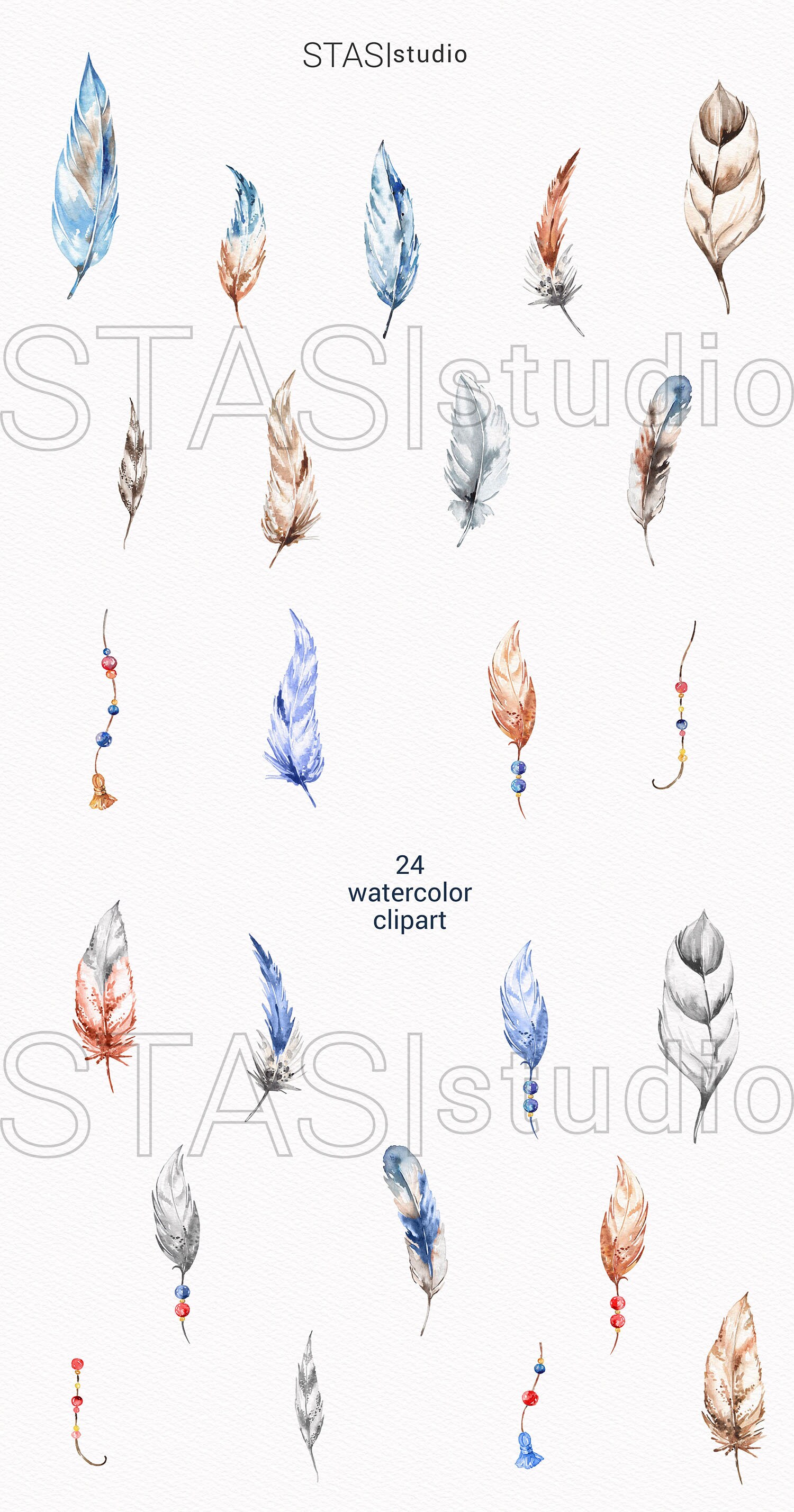 Watercolor Feather Clipart Brown Blue Feathers Illustration | Etsy