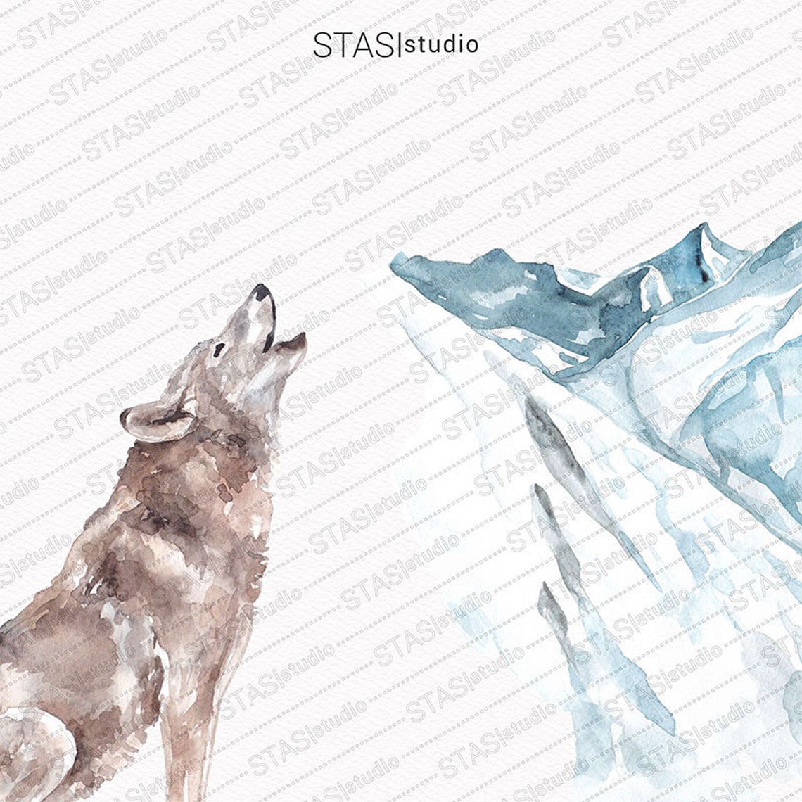 Winter Wildlife Watercolor Clipart Wolf Snow Conifeer White | Etsy