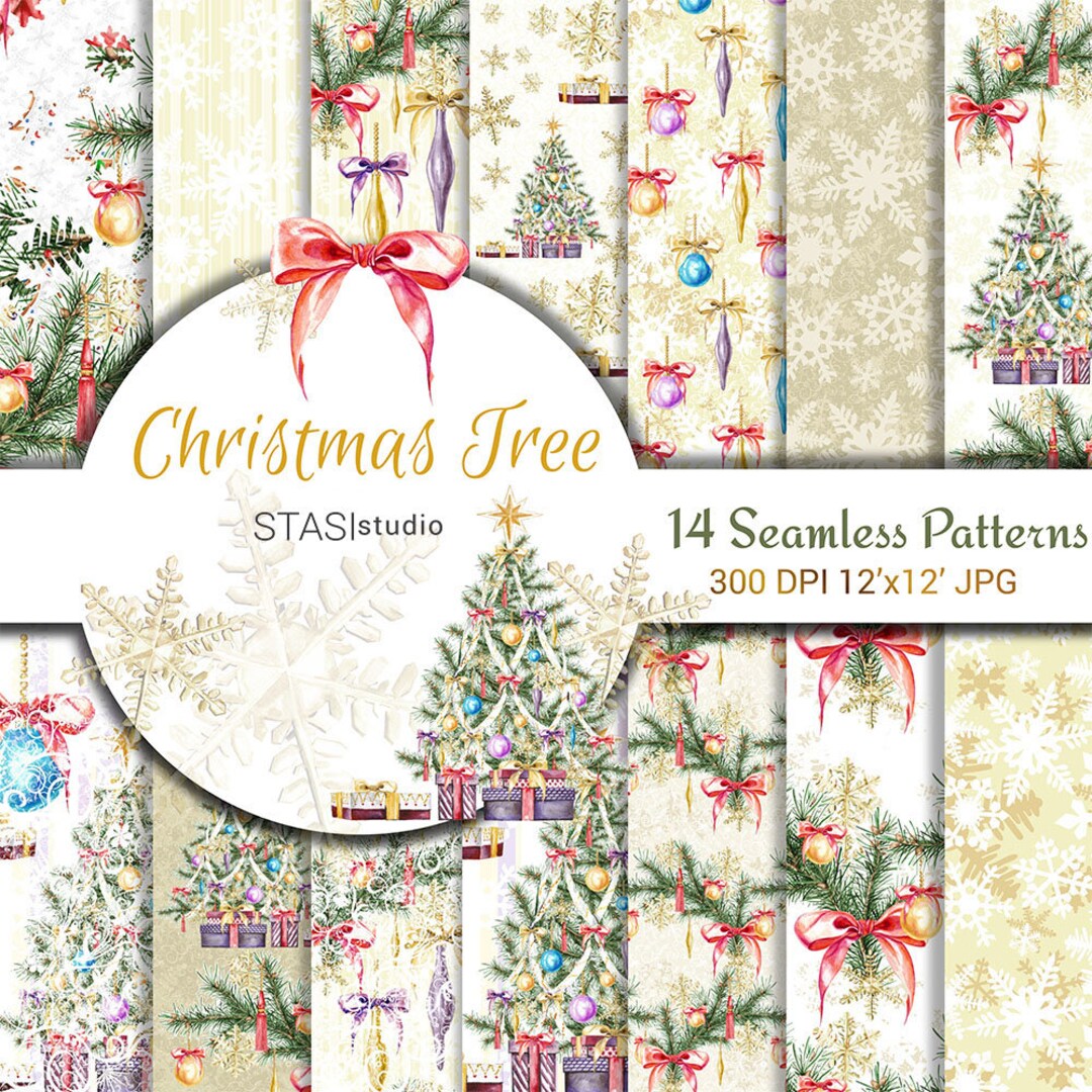 Christmas Tree Paper Pack, Xmas Watercolor Paper, Seamless Patterns ...