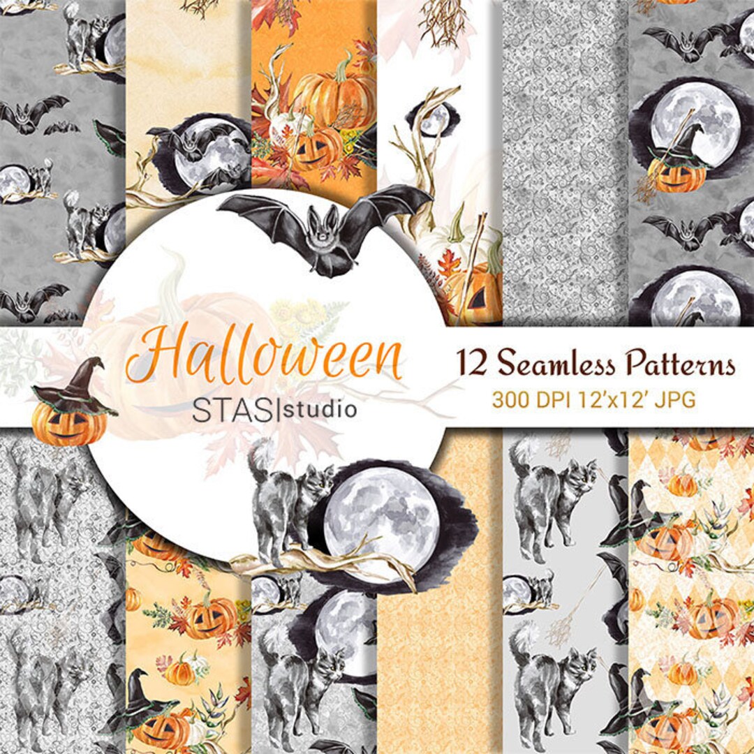 Halloween Watercolor Handpainted Paper, Seamless Patterns Moon Witch ...