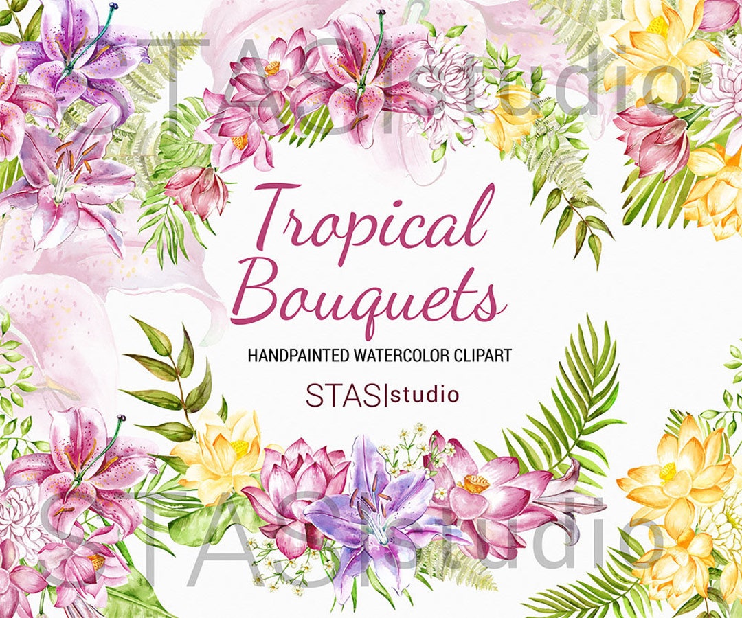 Tropical Bouquets Clipart, Pink Yellow Flowers Watercolor Wreath ...