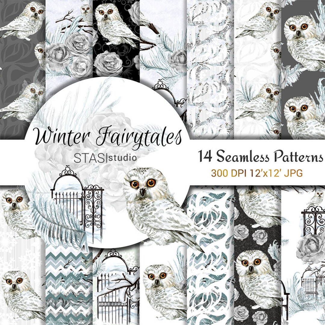 Watercolor White Owl Paper Pack, Floral White Pattern, Winter Bird ...
