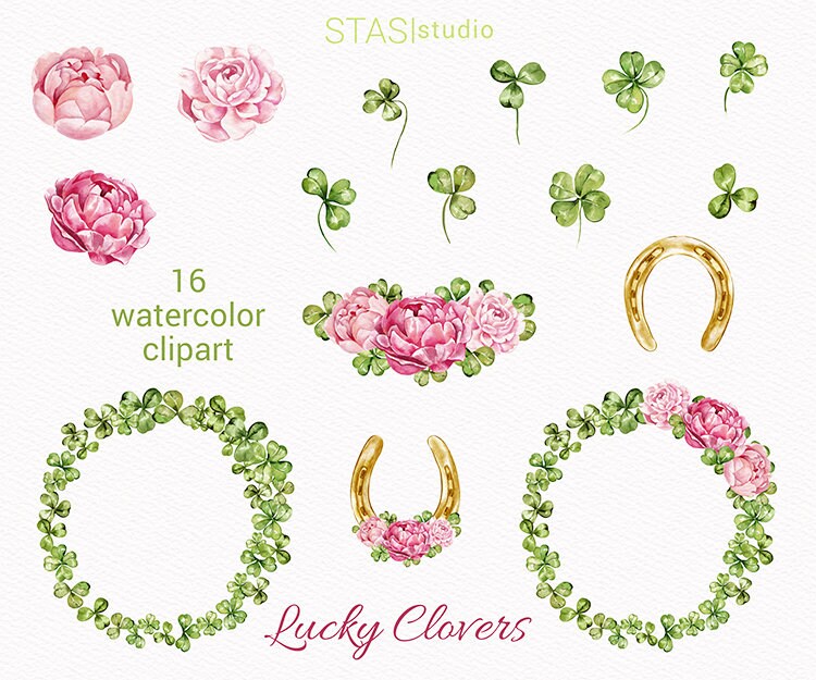 Watercolor Clover Four Leaf St Patricks Day Clipart Shamrock - Etsy