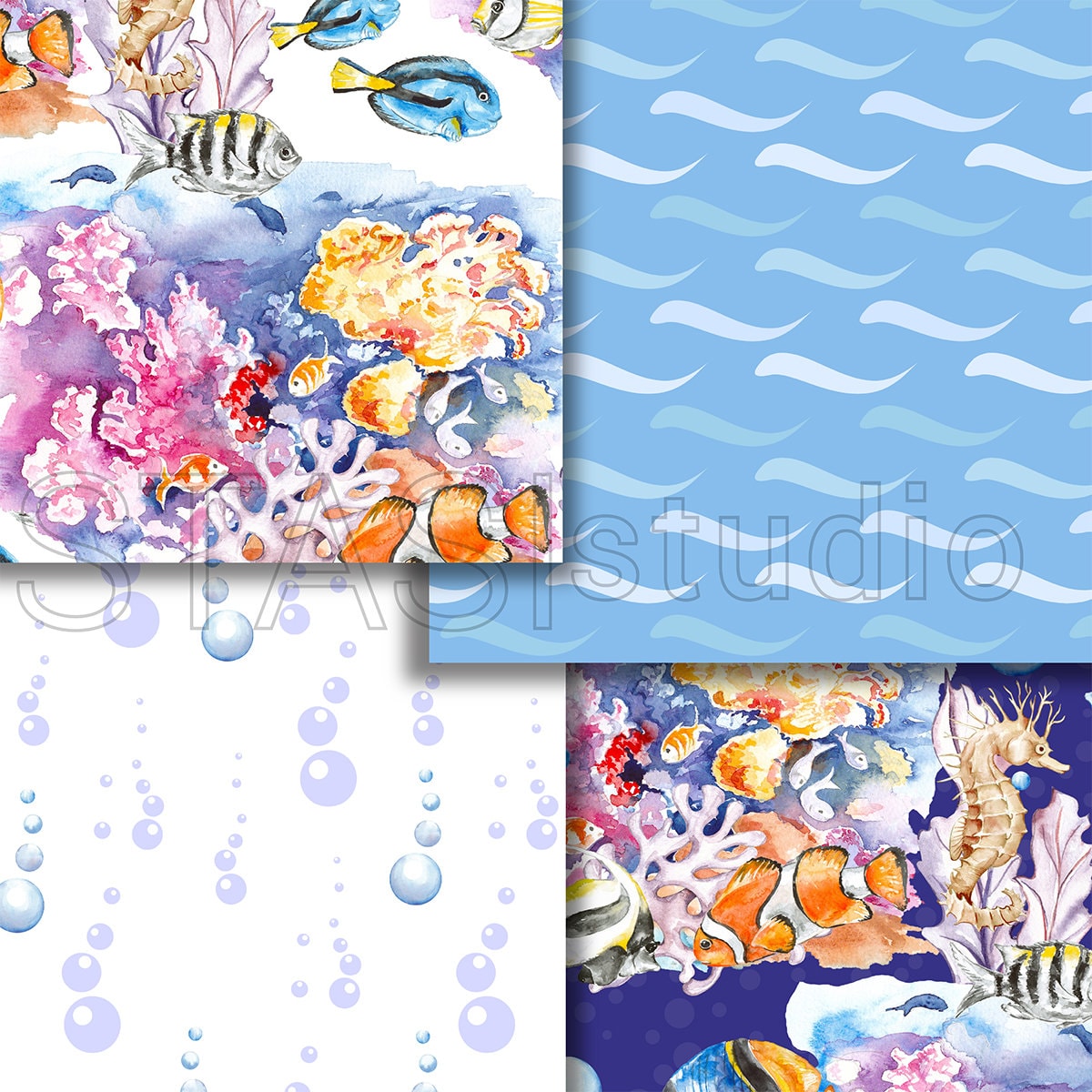 Ocean Life Watercolor Seamless Paper Set Colorful - Etsy