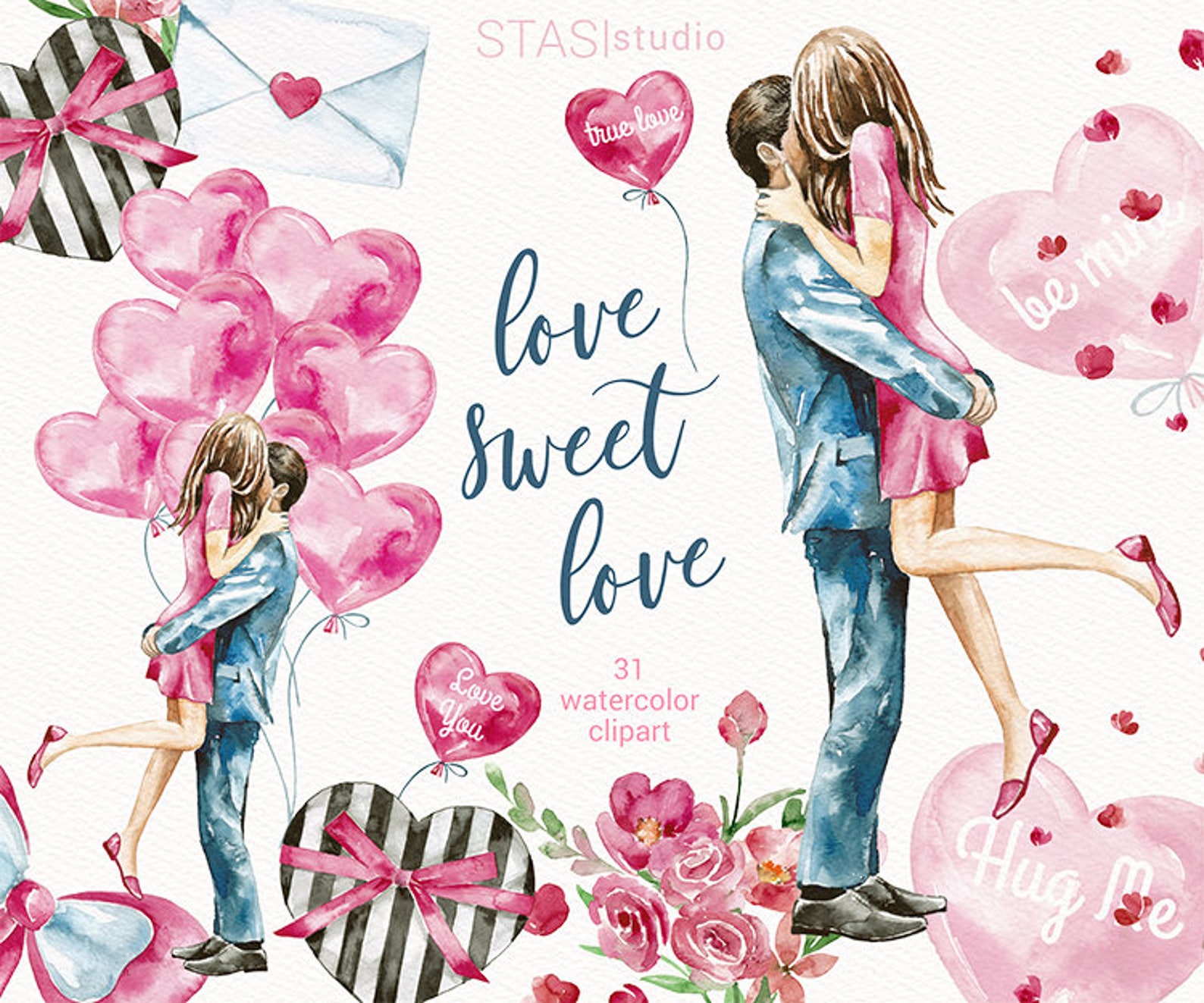 Watercolor Valentines Clipart Love Background Romantic Couple - Etsy