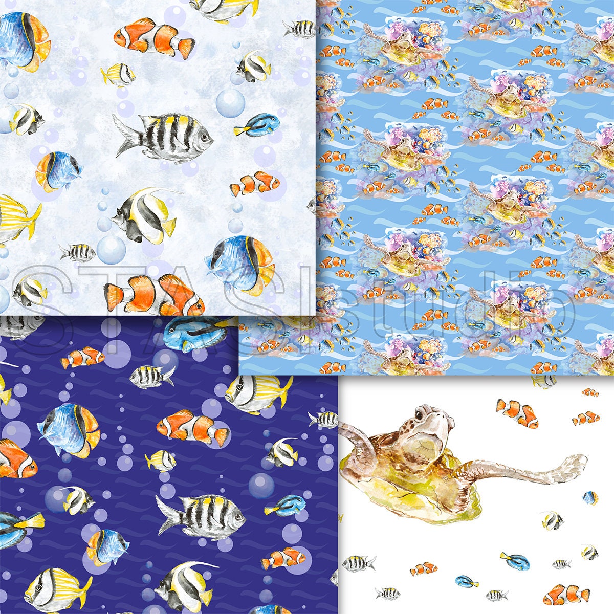 Ocean Life Watercolor Seamless Paper Set Colorful - Etsy