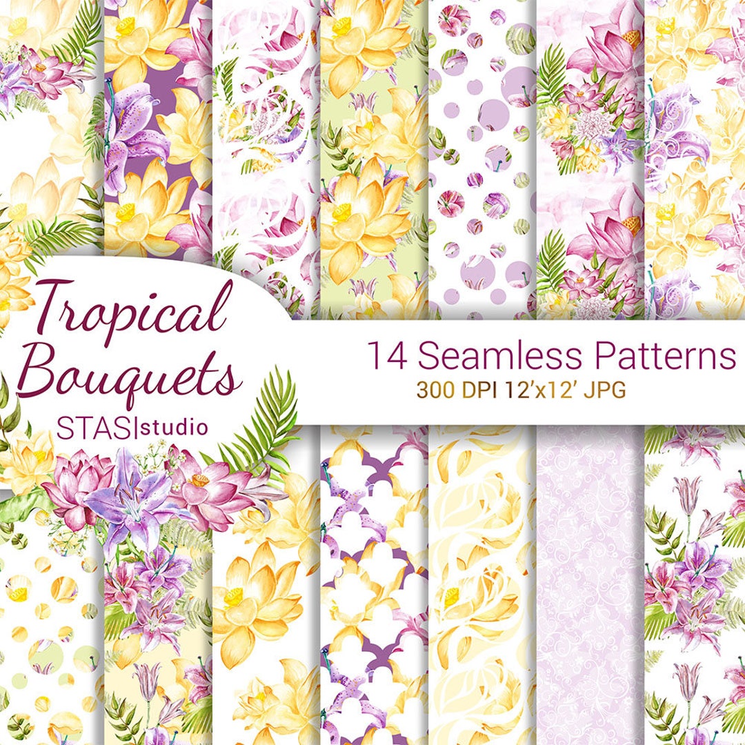 Summer Flowers Digital Paper Pink Yellow Purple Seamless Pattern Floral ...