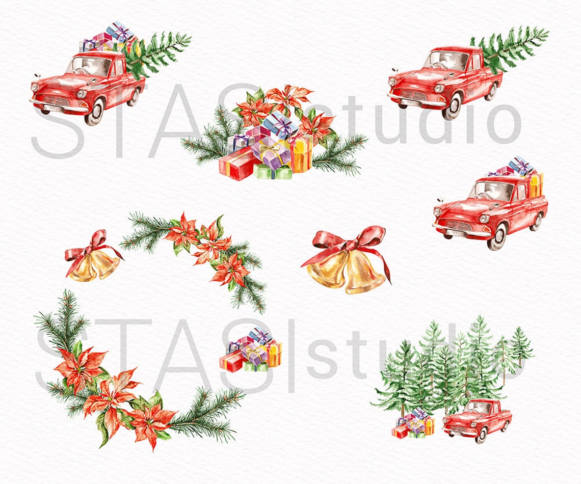 Christmas Clipart Watercolor Christmas Truck Pine Trees Forest | Etsy