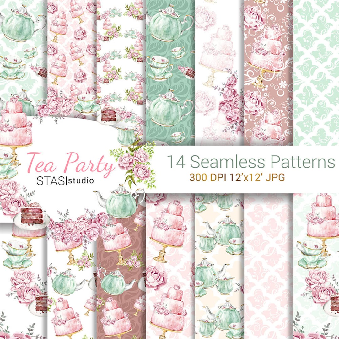 Watercolor Tea Party Seamless Patterns Pink and Mint Planner ...