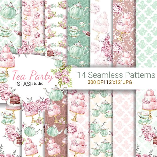 Tea Party Digital Paper Pack Watercolor Flowers Seamless - Etsy