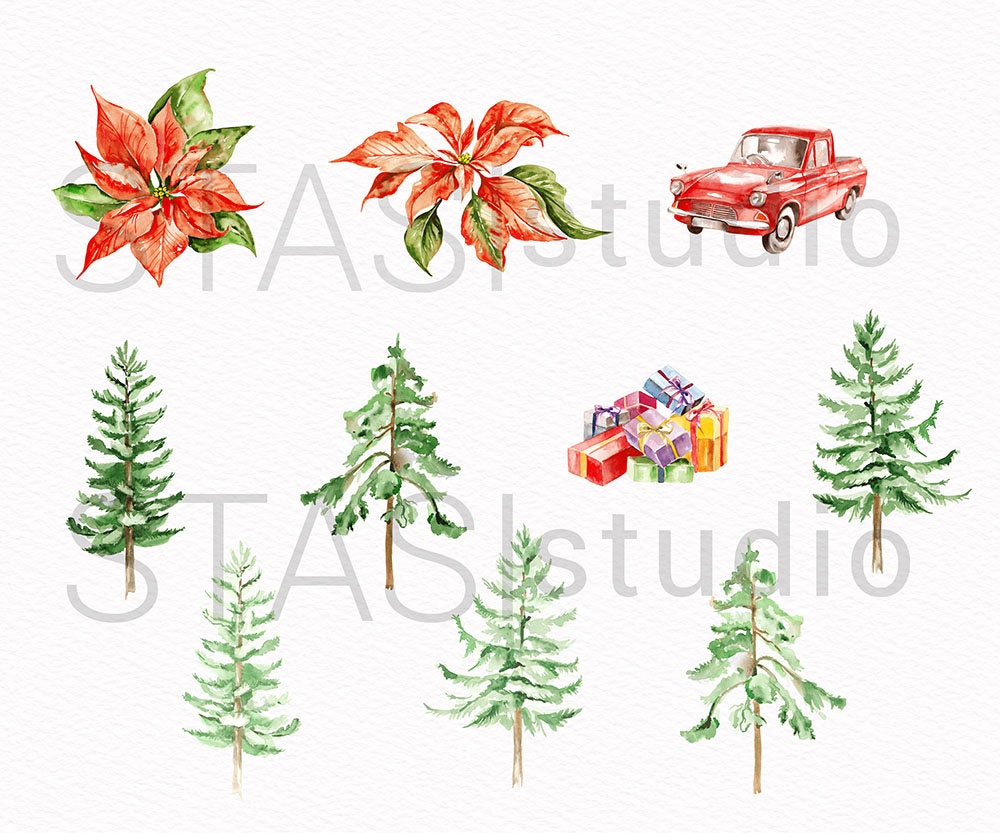 Christmas Clipart Watercolor Christmas Truck Pine Trees Forest - Etsy