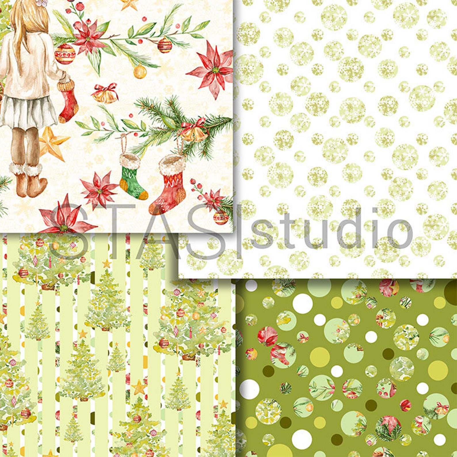 Christmas Digital Paper Pack Christmas Tree Pattern Fashion | Etsy