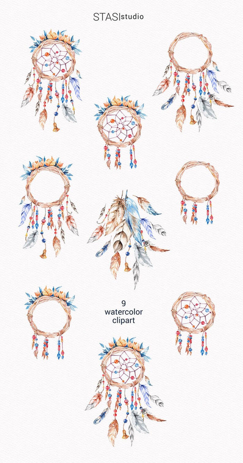 Watercolor Clipart Dreamcatcher Tribal Feathers Boho - Etsy