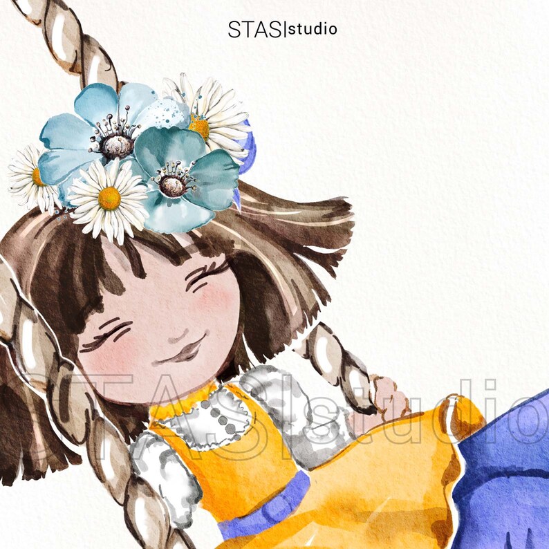 Watercolor Spring clipart Little girl Flowers bunny wreths | Etsy